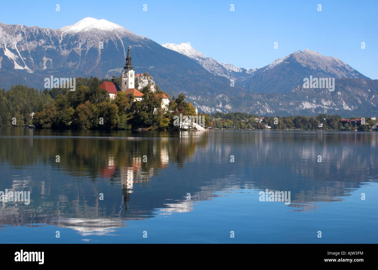 View of lake Bled Slovenia and snow capped mountains Stock Photo - Alamy