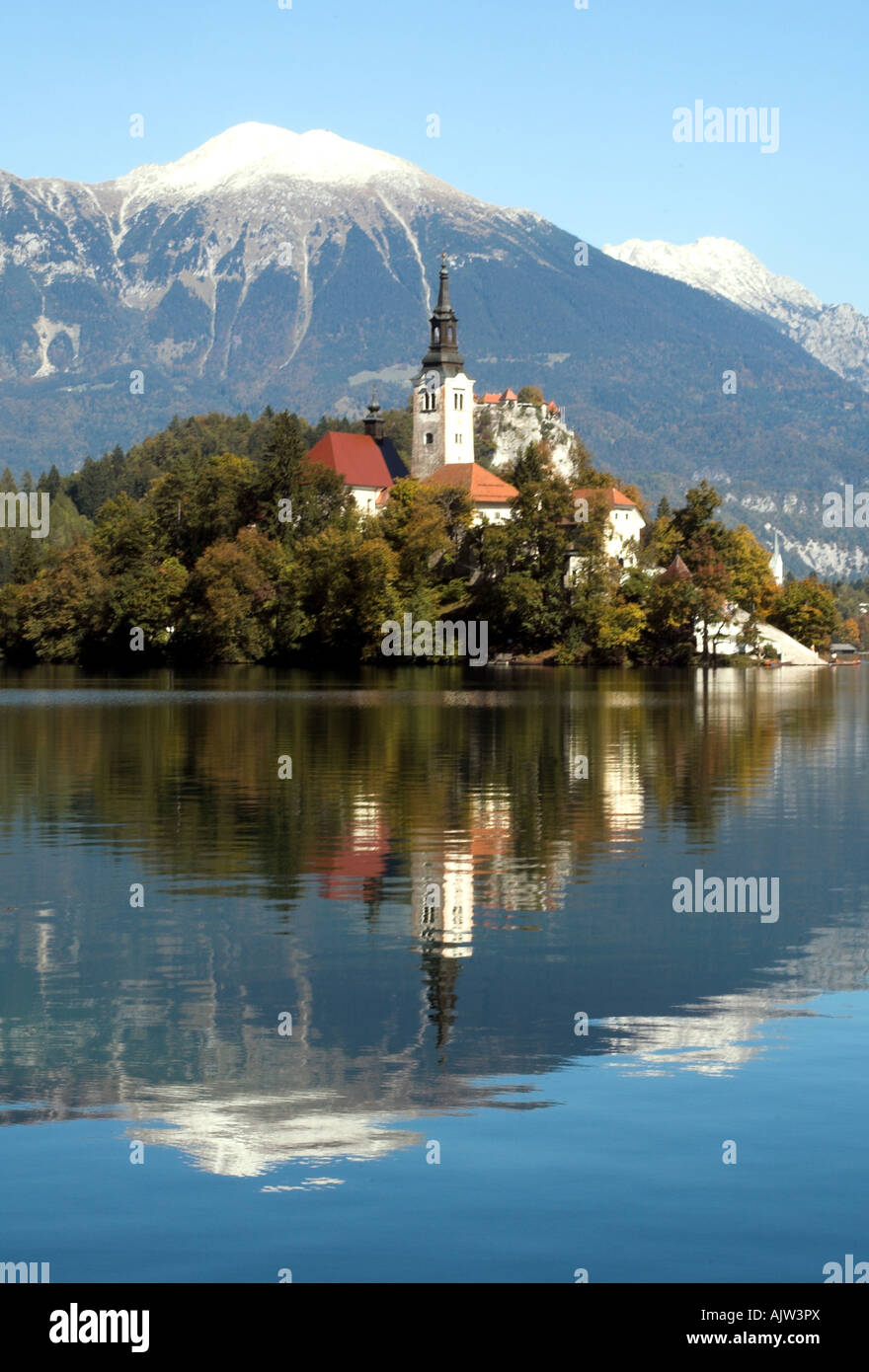 View of lake Bled Slovenia and snow capped mountains Stock Photo - Alamy