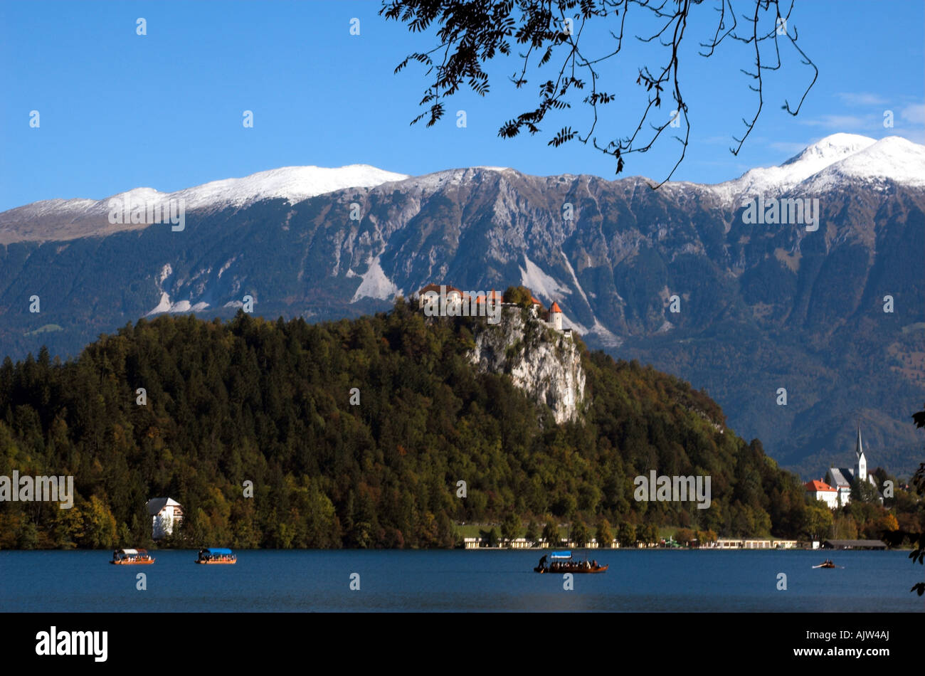 view of Lake Bled and snow capped peaks in Slovenia Stock Photo - Alamy