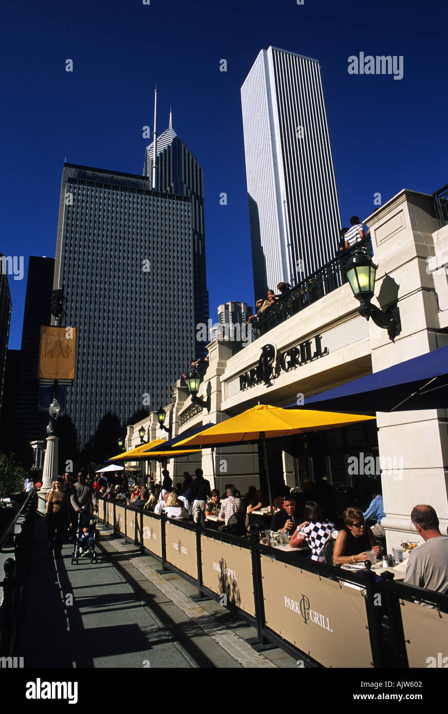 Chicago Park Grill in Millennium Park with skyline Stock Photo - Alamy