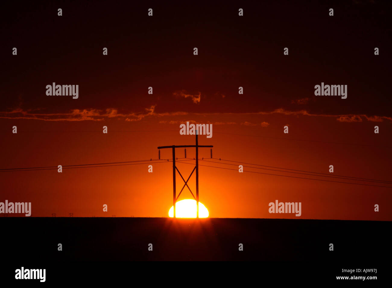 Sun setting behind Saskatchewan Hydro power line Stock Photo - Alamy