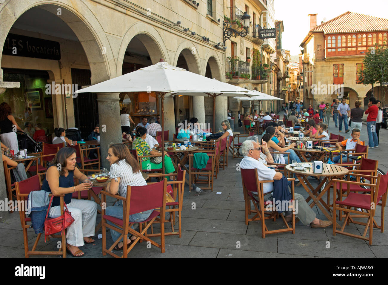 People at pavement bars praza da Ferreria old town Pontevedra Galicia ...