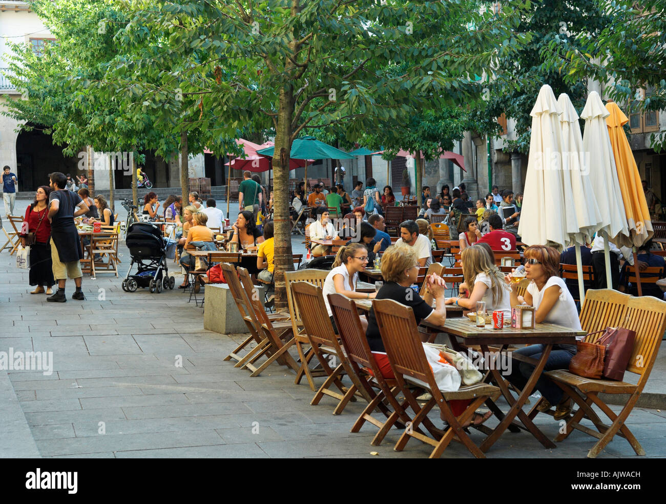 People at pavement bars Verdura Square old town Pontevedra Galicia ...
