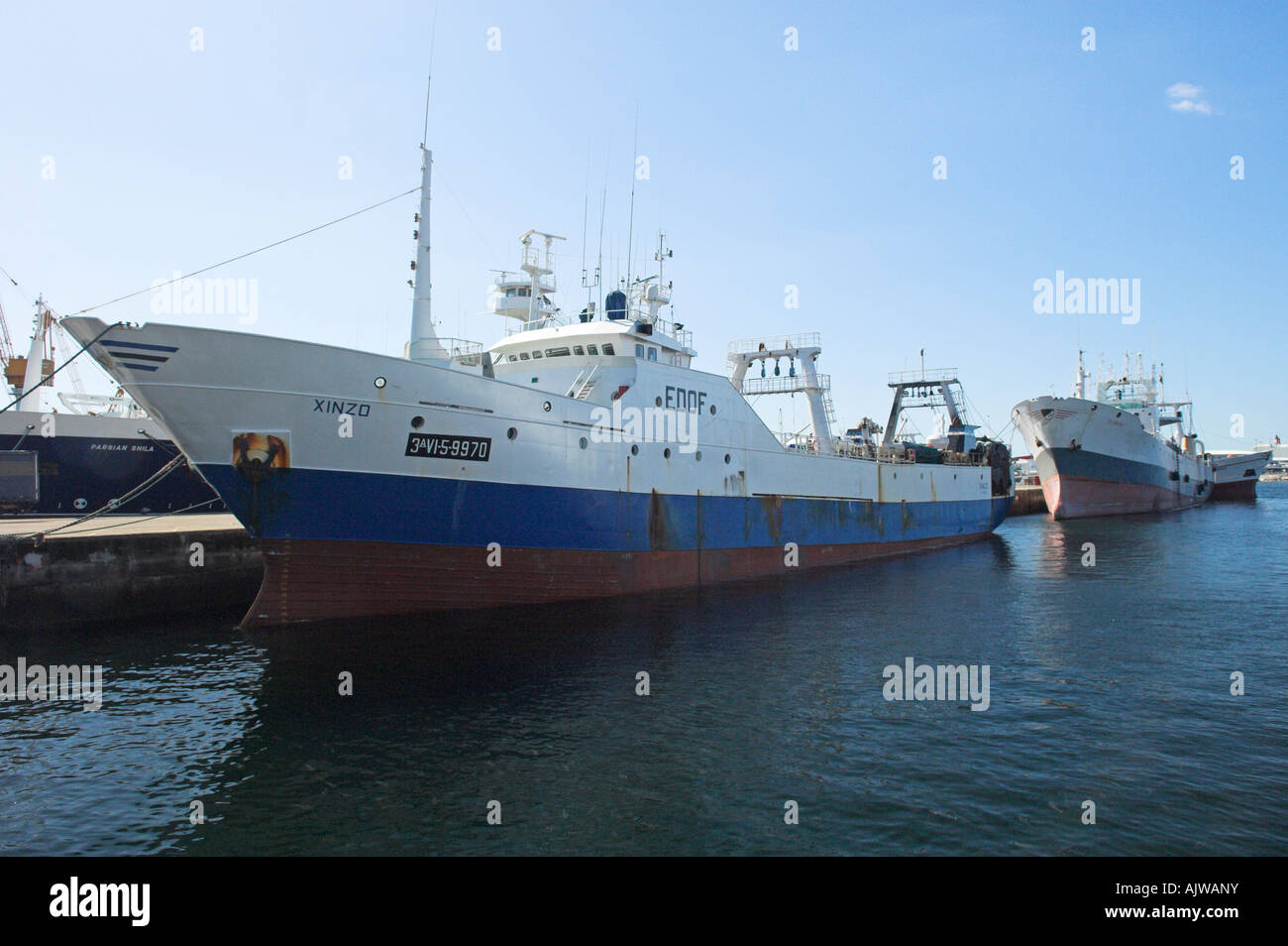 Large ocean going fishing vessel in for refitting Vigo harbour Spain ...