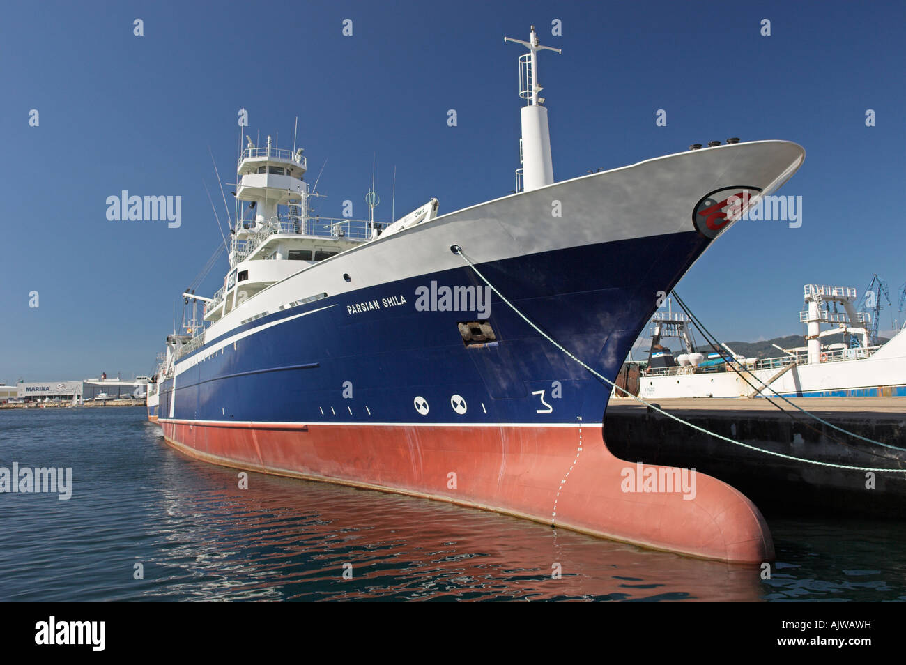 Large ocean going fishing vessel in for refitting Vigo harbour Spain ...