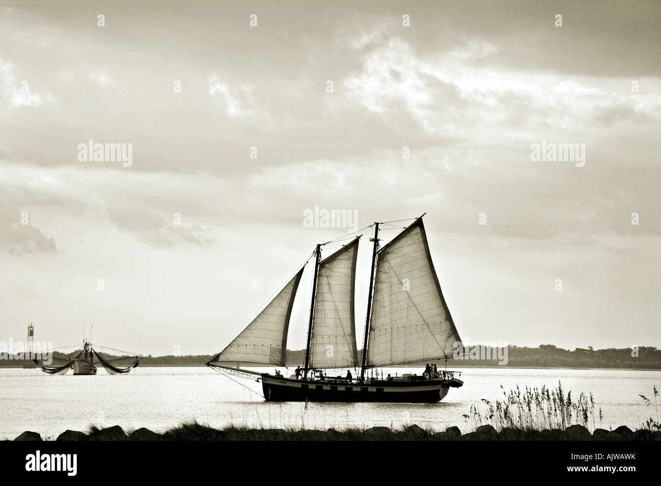 Classic American schooner sailing ship with tourists returning to its ...