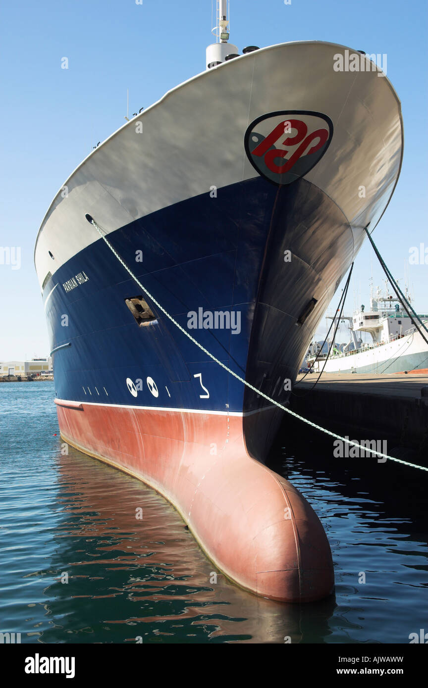 Bow of large ocean going fishing vessel in for refitting Vigo harbour ...