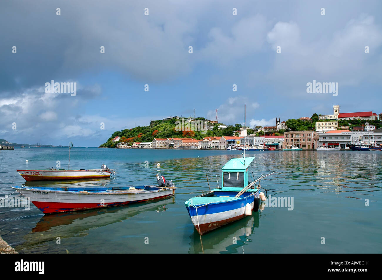 St George's grenada caribbean island skyline, carenage fishing boat ...