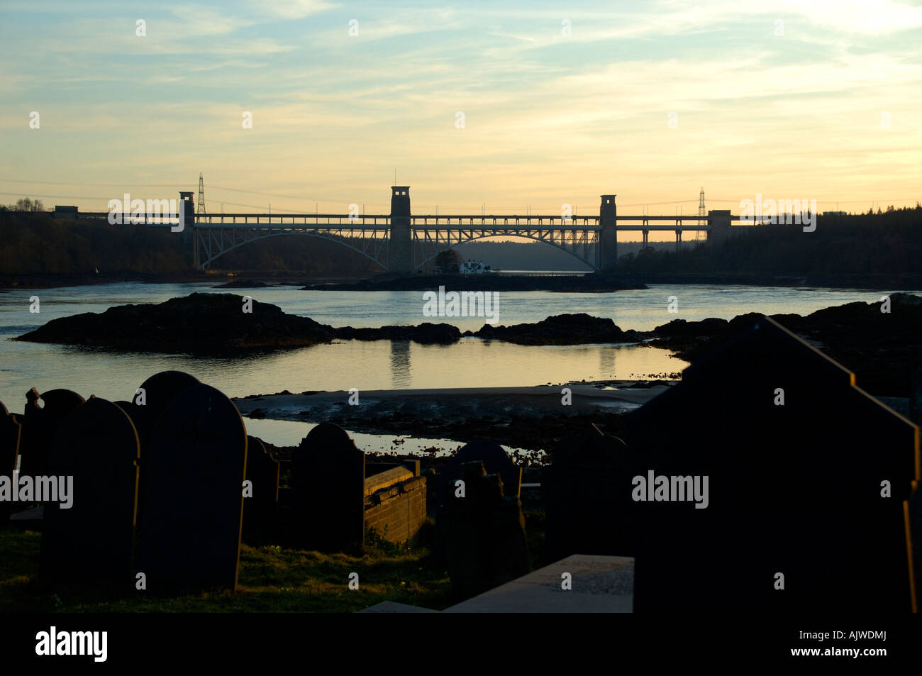 The Britannia Bridge spanning the Menai Strait between Anglesey and the ...