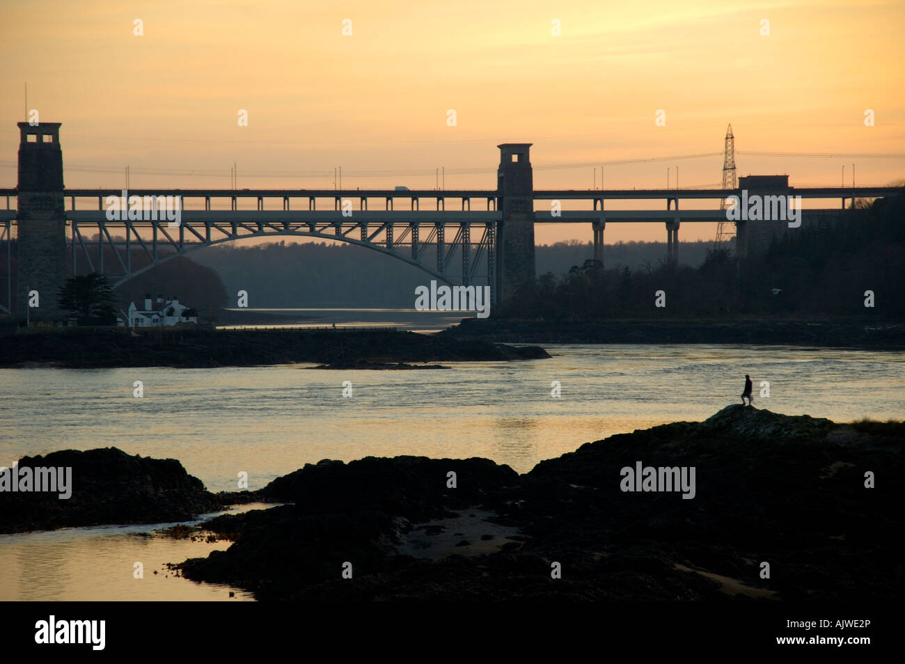 The Britannia Bridge spanning the Menai Strait between Anglesey and the ...