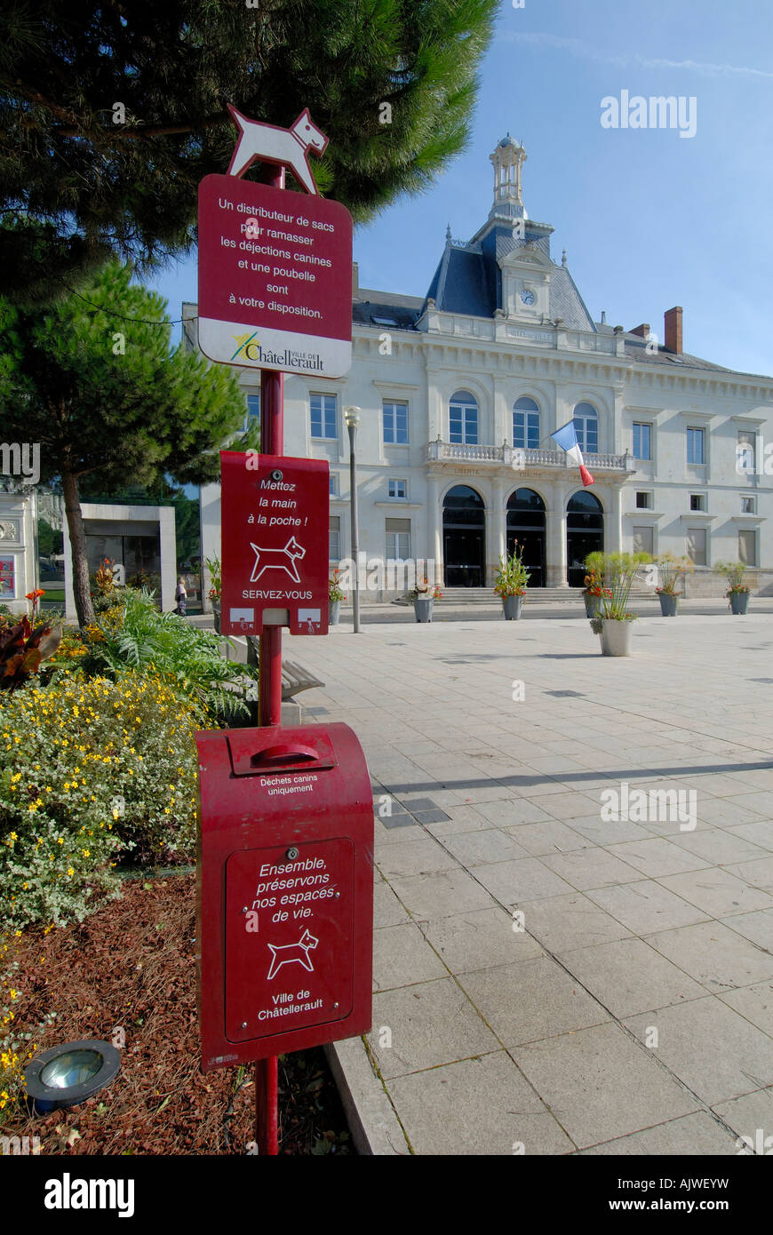 Dog poop disposal sack dispenser in front of town hall, Chatellerault ...