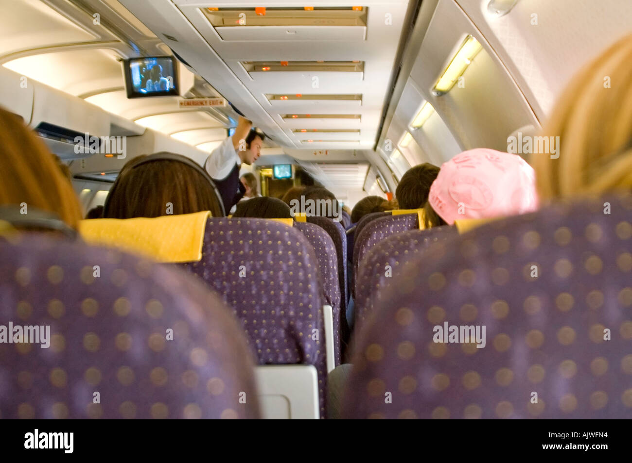 Horizontal wide angle of the interior of an aeroplane cabin with the ...