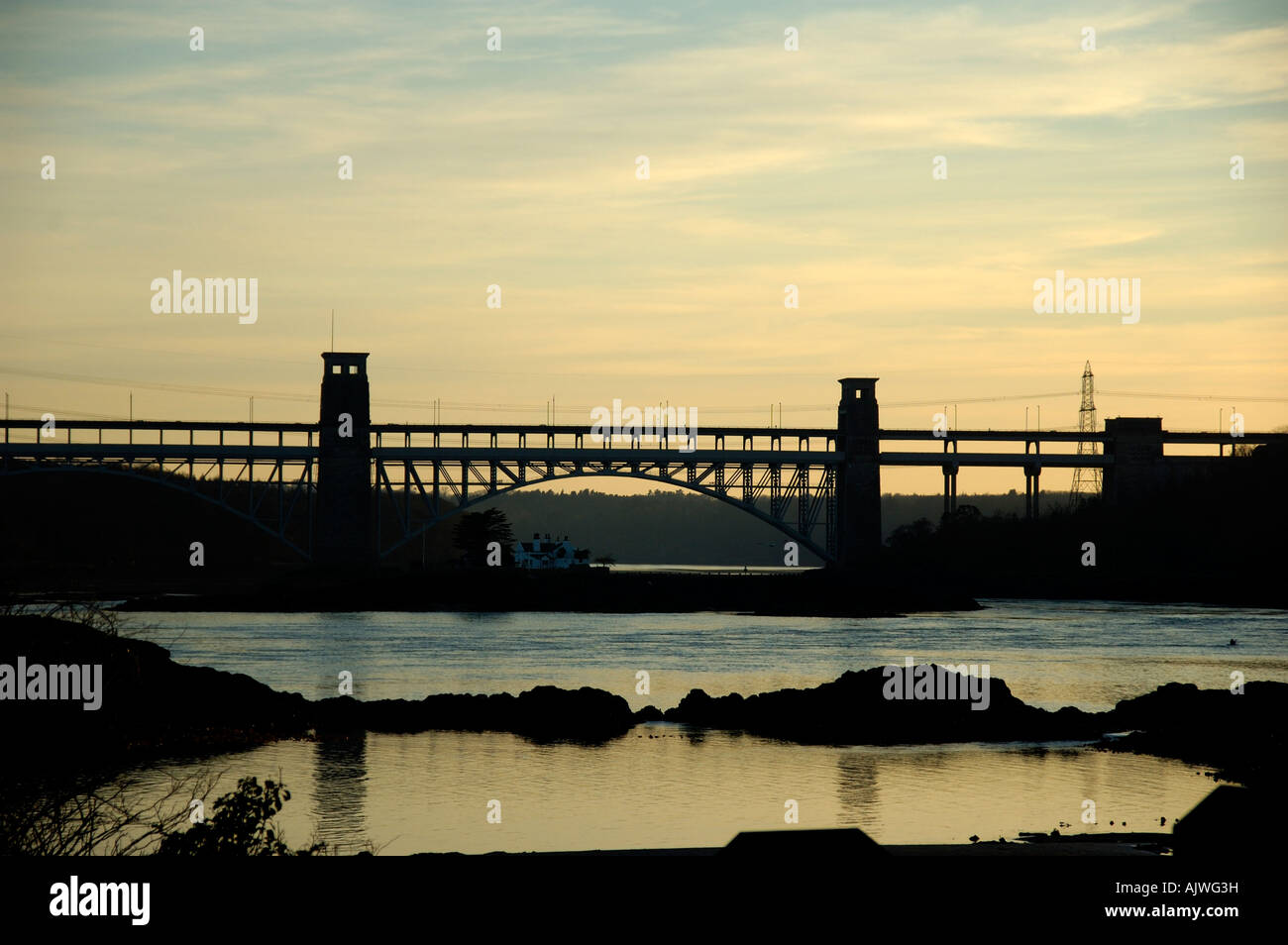 The Britannia Bridge spanning the Menai Strait between Anglesey and the ...