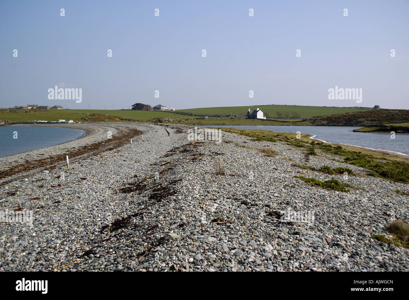 Shingle beach and brackish lagoon at Cemlyn Bay Anglesey North Wales ...