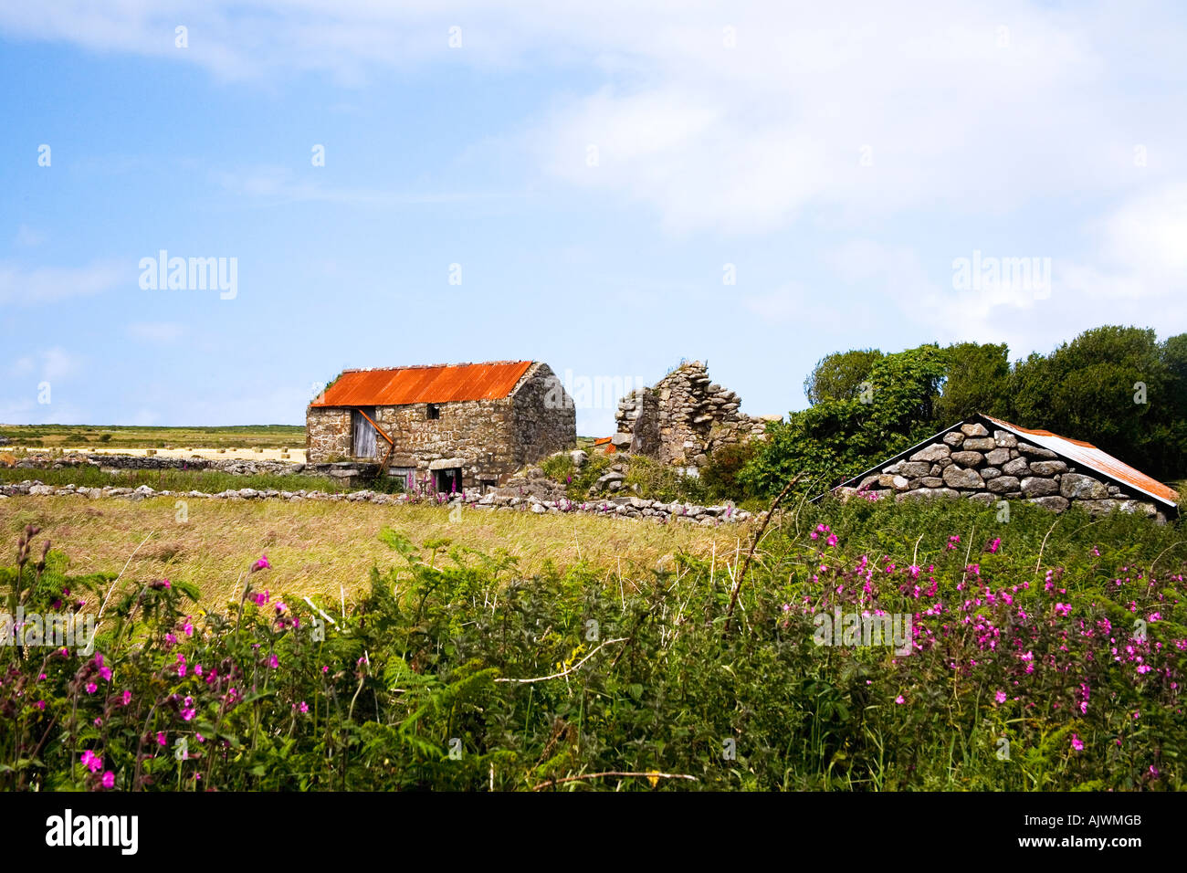 Traditional stone barn with corrugated iron roof and stone walls on ...