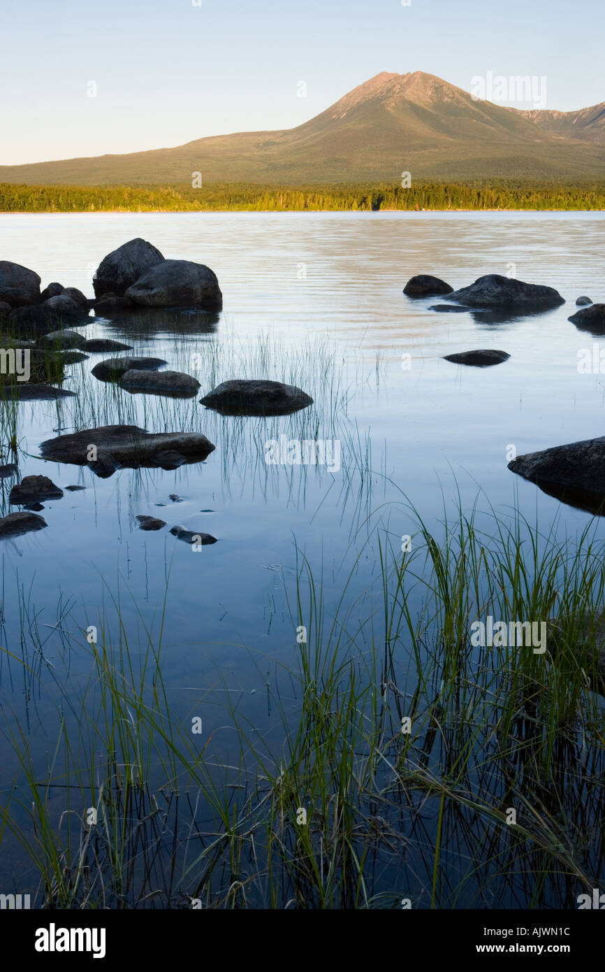 Mount Katahdin with rocks and reeds in Katahdin lake Stock Photo - Alamy