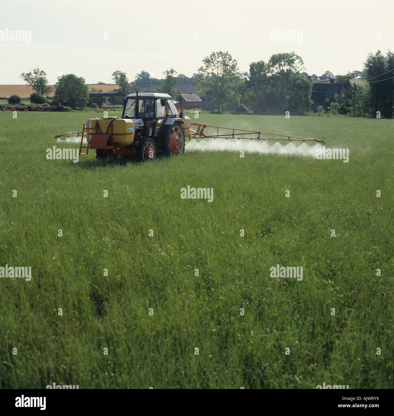 Tractor spraying mature grass ley with glyphosate prior to grazing ...