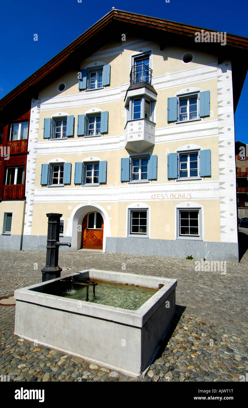 Engadin house and fountain Samedan Upper Engadin Grisons Switzerland ...