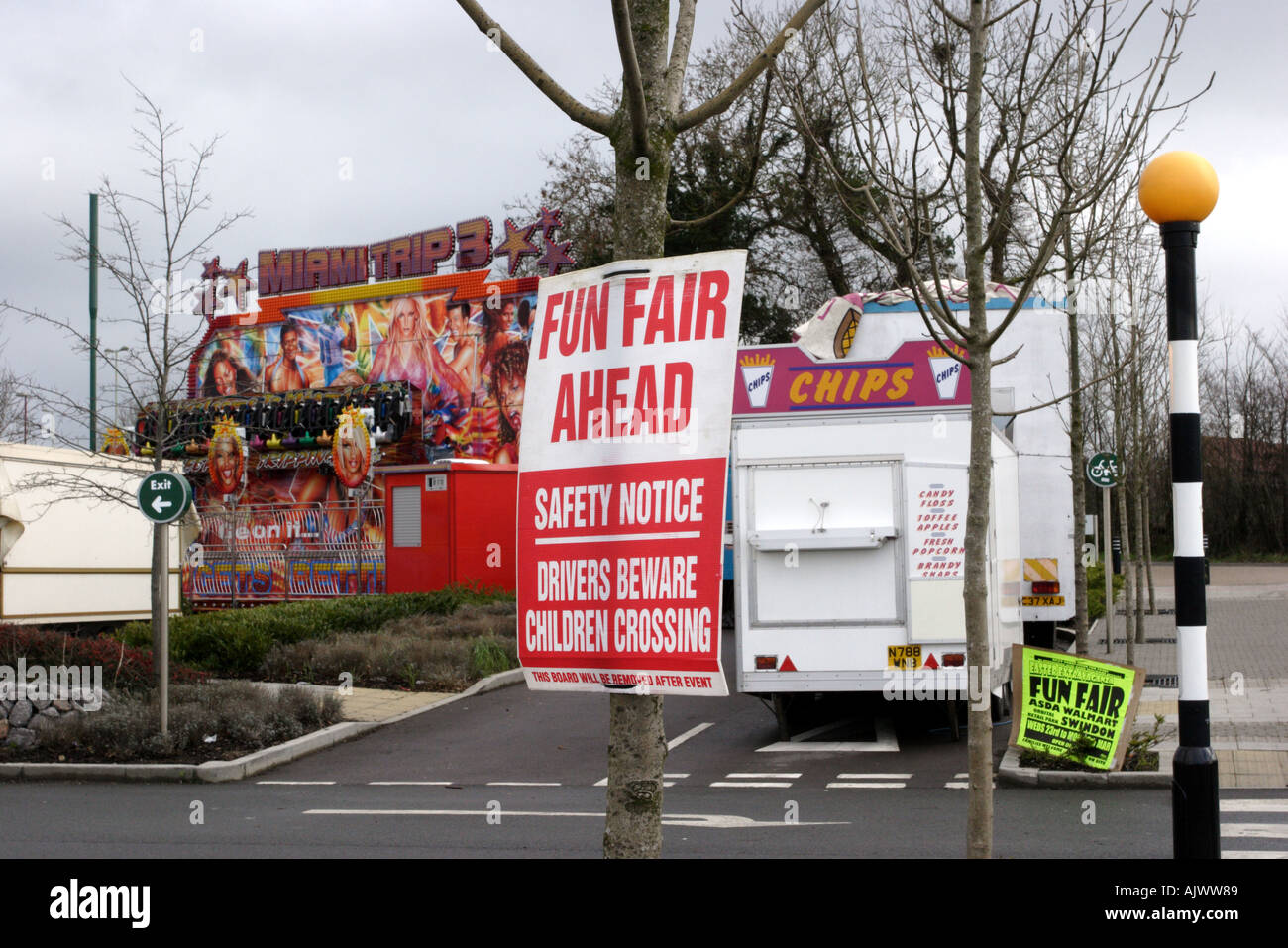 Fun fair ahead sign warning of children crossing the road Stock Photo ...