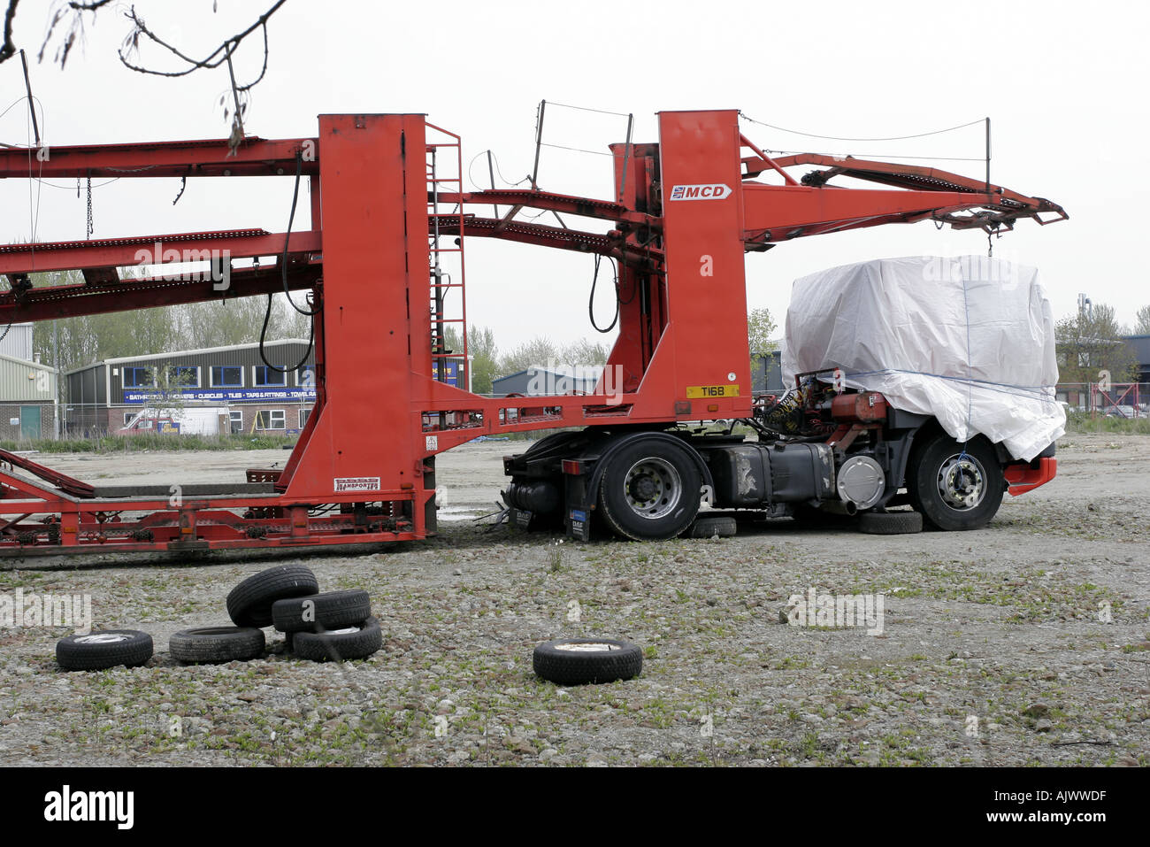 Car transporter in storage after having been involved in a road traffic ...
