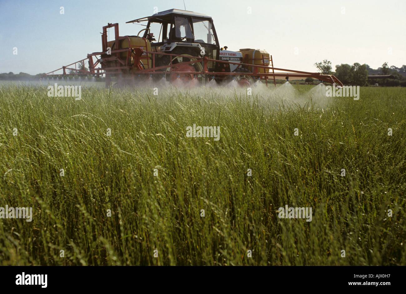 Tractor spraying mature grass ley with glyphosate prior to grazing ...