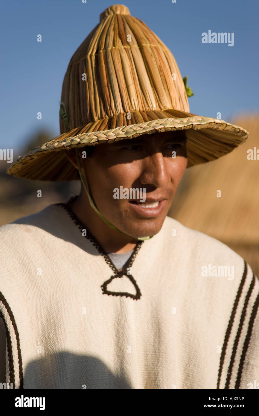 Uros Iruitos Indian man living on Phuwa island a floating reed island ...