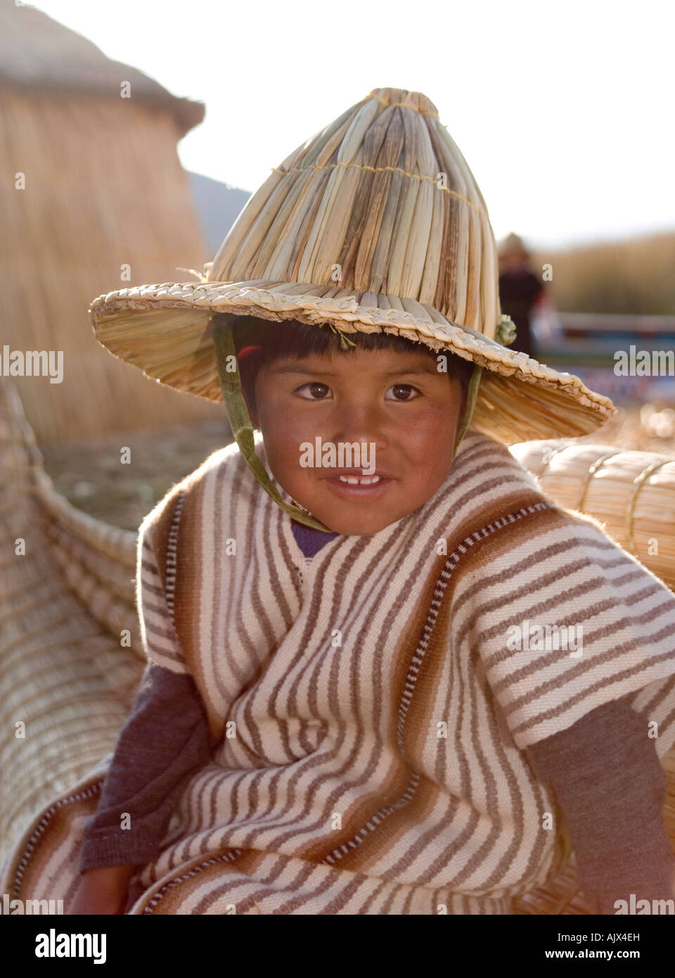 Uros Iruitos Indian boy living on Phuwa island a floating reed island ...