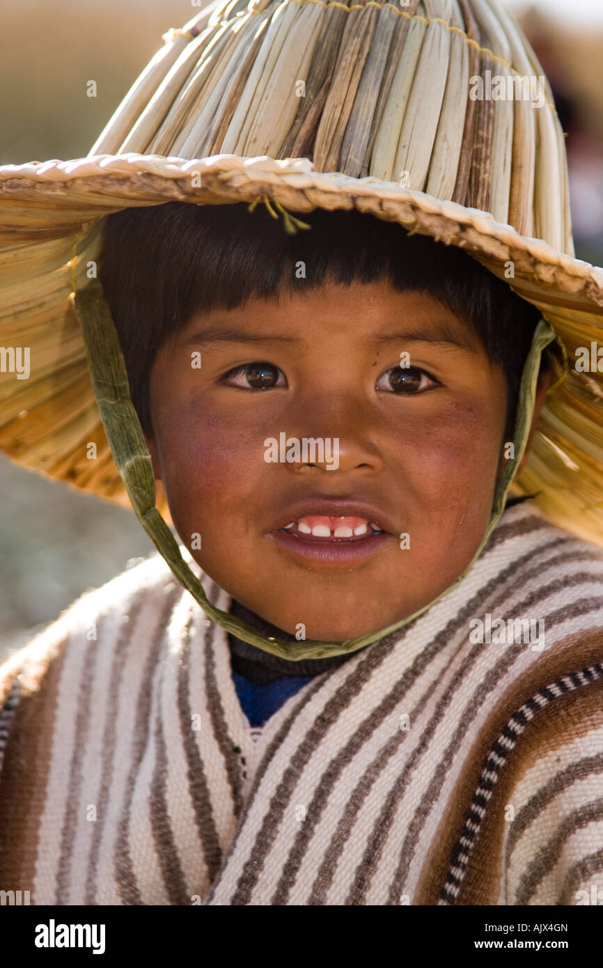 Uros Iruitos Indian boy living on Phuwa island a floating reed island ...