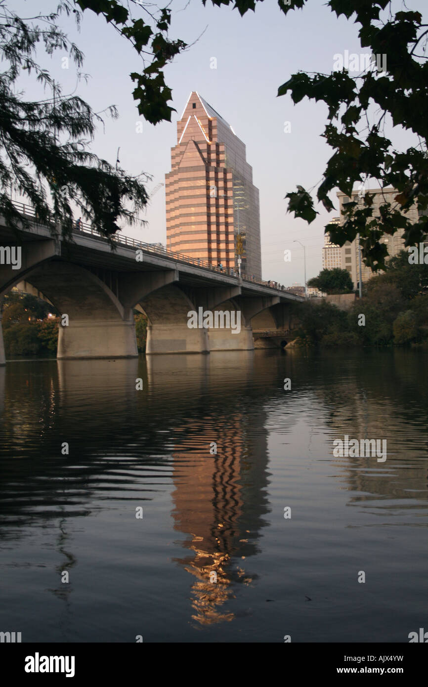 Austin skyline and Congress Avenue bridge reflected in town lake ...