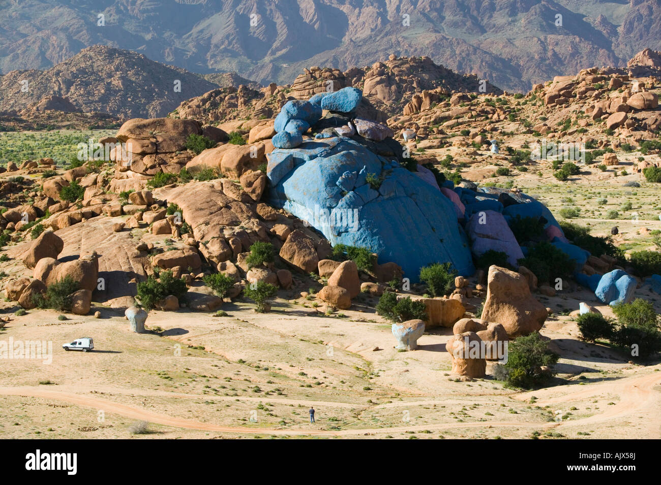 MOROCCO, Anti Atlas, TAFRAOUTE Area: AGUERD, OUDAD, Painted Rocks work ...