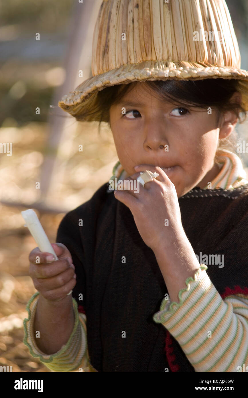 Uros Iruitos Indian girl living on Phuwa island a floating reed island ...