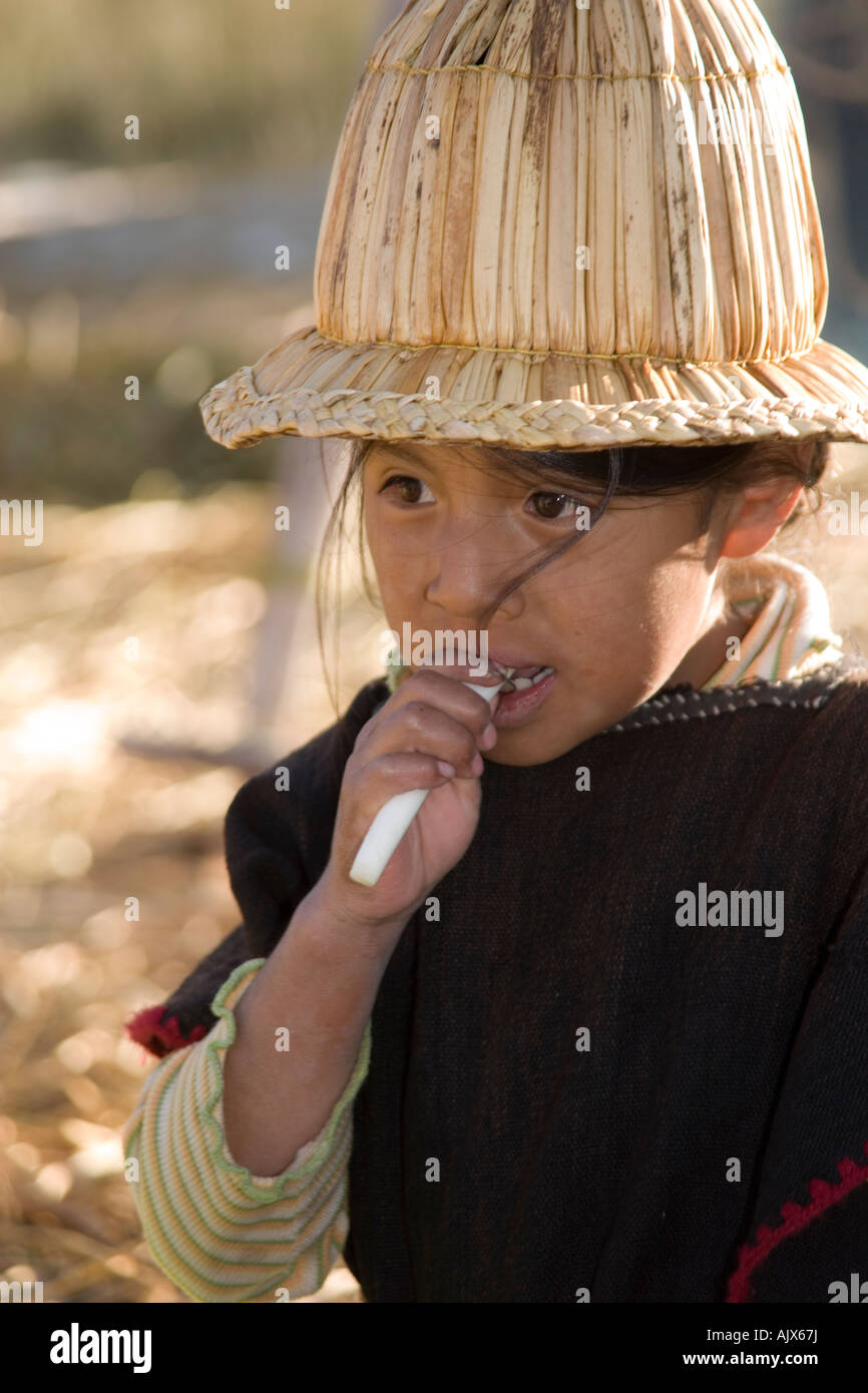 Uros Iruitos Indian girl living on Phuwa island a floating reed island ...