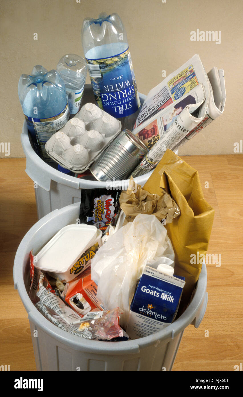 two kitchen bins separated into recyclable and non recylable waste ...
