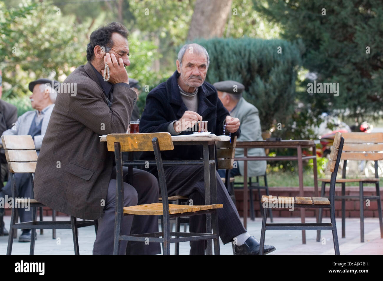 Turkish men drinking tea, at the town square in Selcuk, Turkey Stock ...