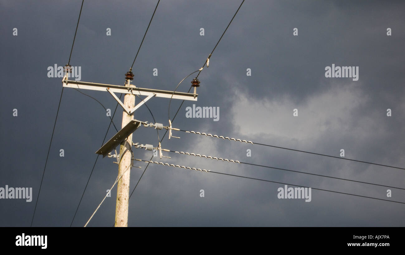 overhead electricity power cables against stormy sky Stock Photo - Alamy
