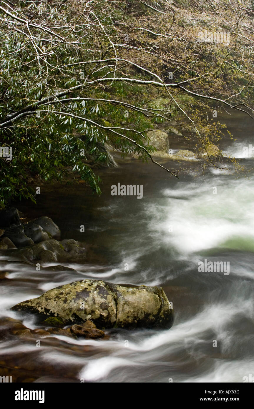 Wet snow and Little River rapids, Great Smoky Mountains National Park ...