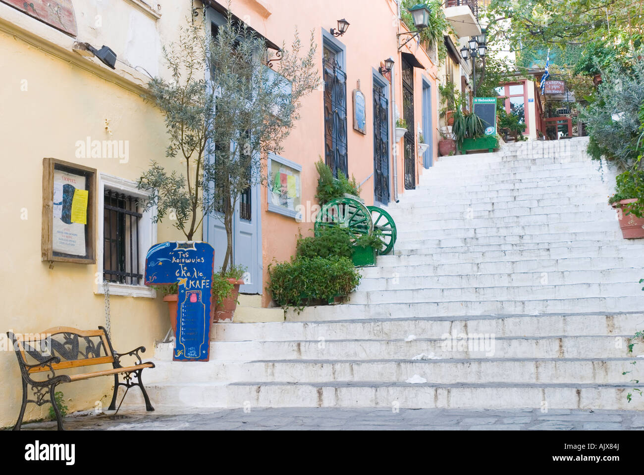 Cafe and steps in Anofiotika, Athens Stock Photo - Alamy