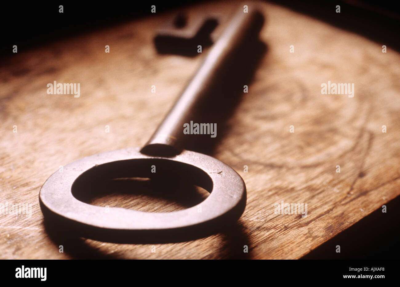 Large ancient door key on brown table Stock Photo - Alamy
