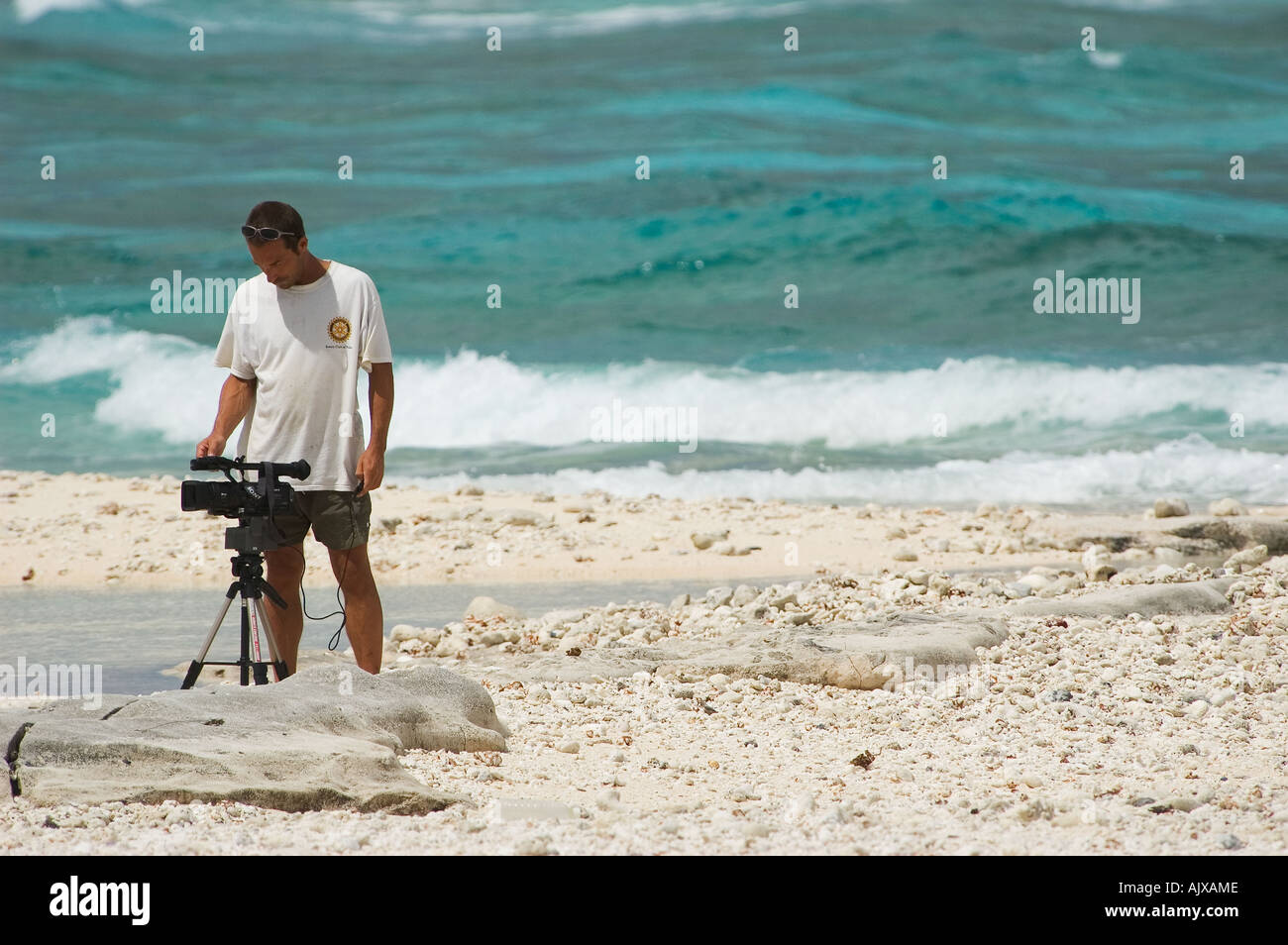 Videographer Andre Couture films the beach Gielop Island Ulithi Atoll ...