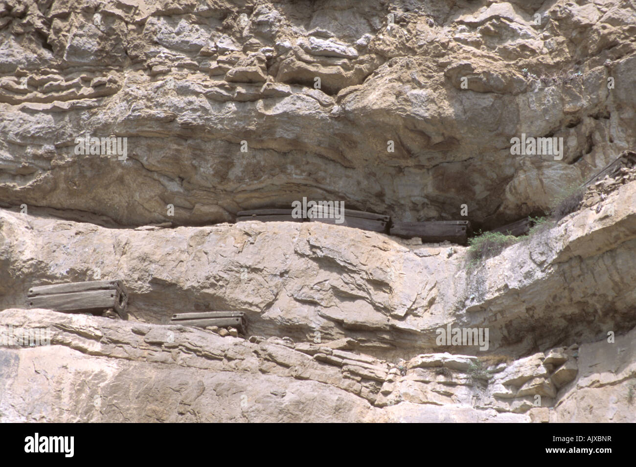 Asia, China, near Wuxi. Coffins of ancient Ba people, wedged into ...