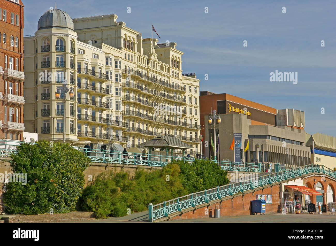 Grand Hotel Brighton and sea front promenade and Brighton Centre Stock ...