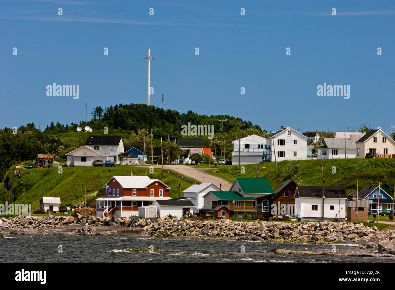 Traditional coastal dwellings and communications tower, Métis Sur Mer ...