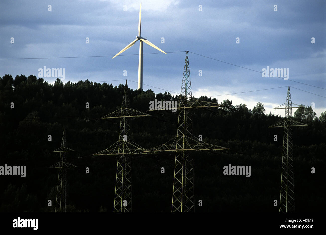 High-voltage electricity cables and wind turbine, Frimmersdorf, North ...