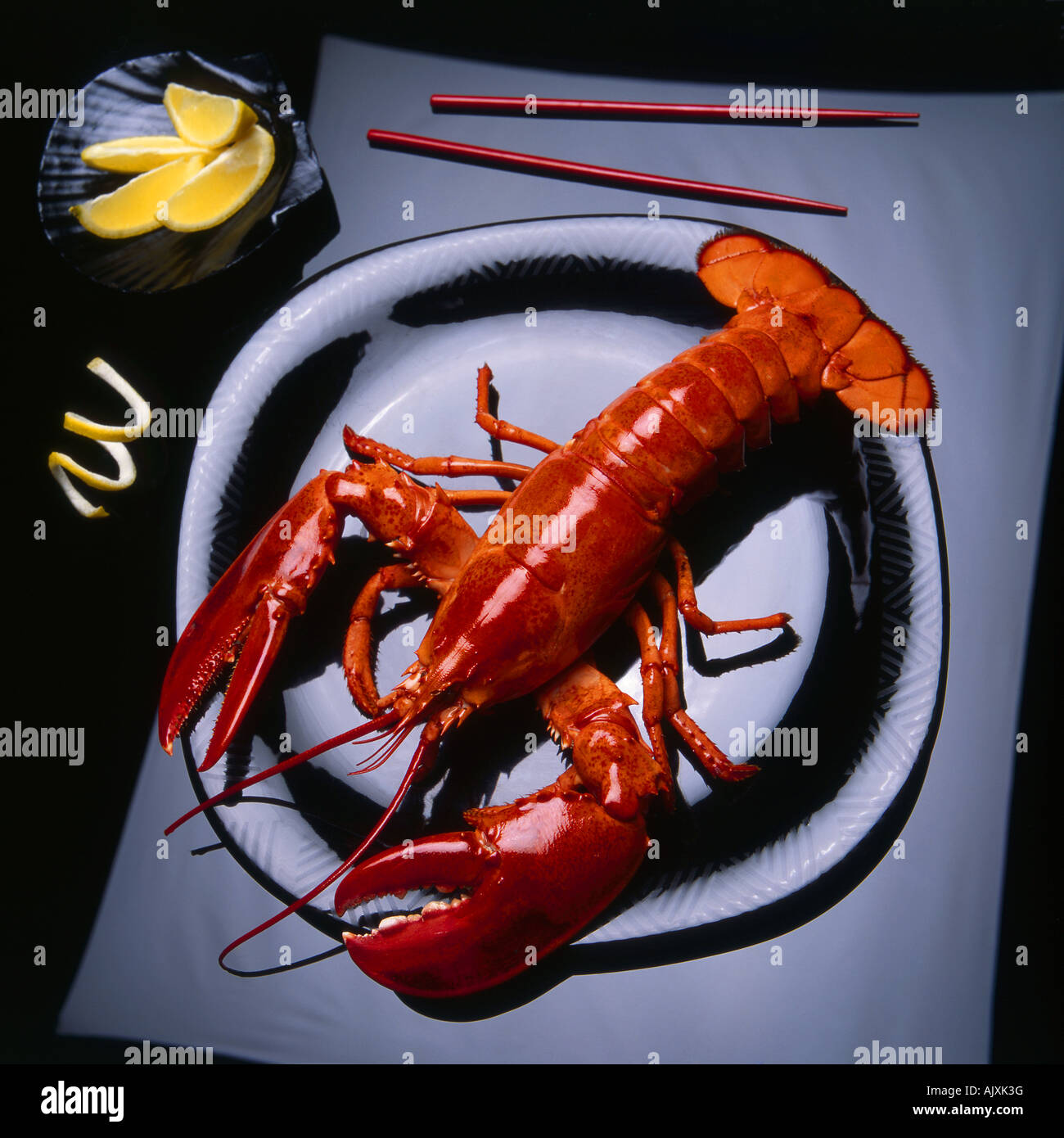 Graphic closeup of lobster prepared for elegant dinner from above Stock ...