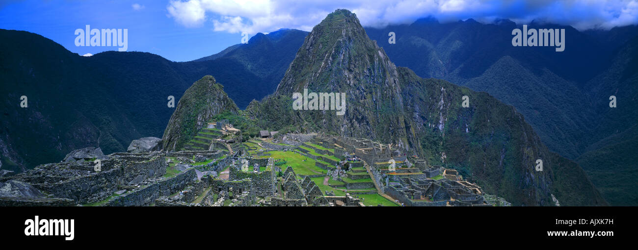 Colorful panoramic of Machu Picchu ruins from above in beautiful Peru ...