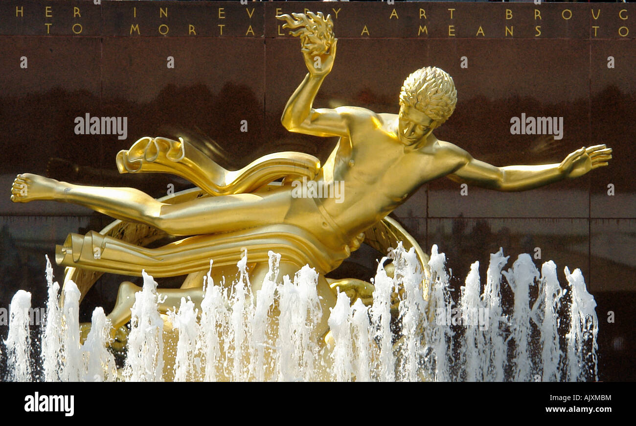 Golden Colored Statue of Prometheus and Fountain at Rockefeller Center ...