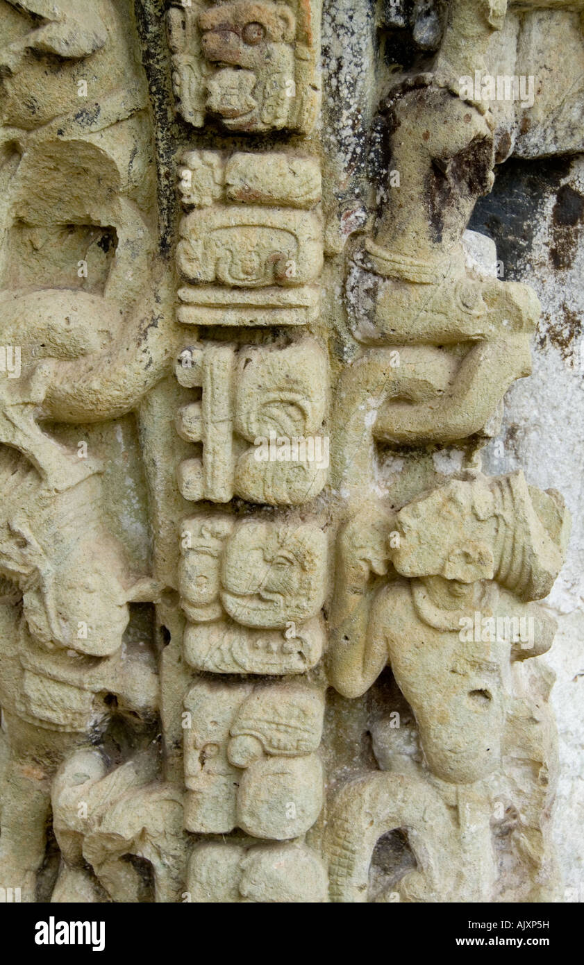 Close up of the old mask ruins at famous Mayan temples of Copan ...