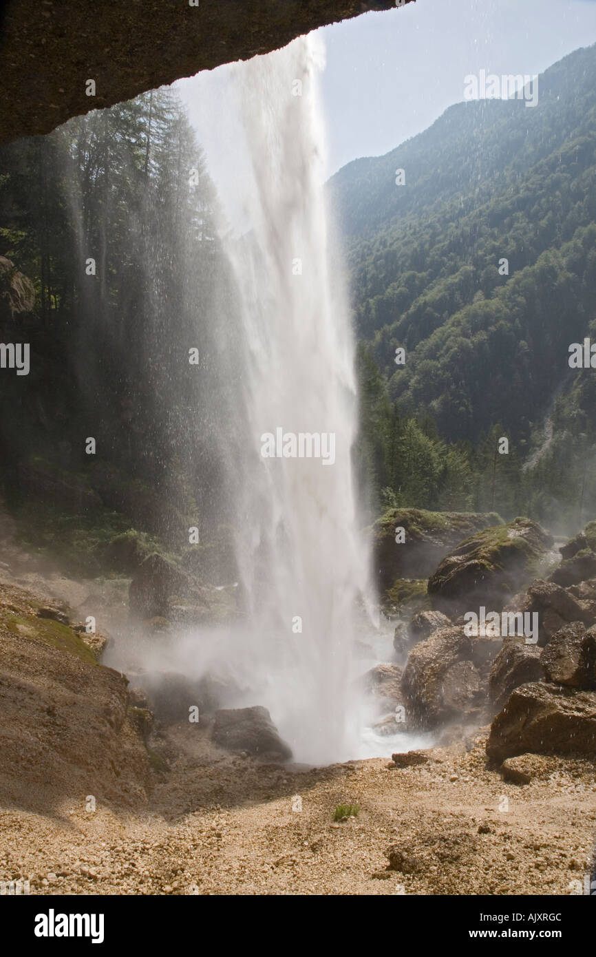 Lower Pericnik Waterfall "Slap Pericnik" from under overhang in Vrata ...