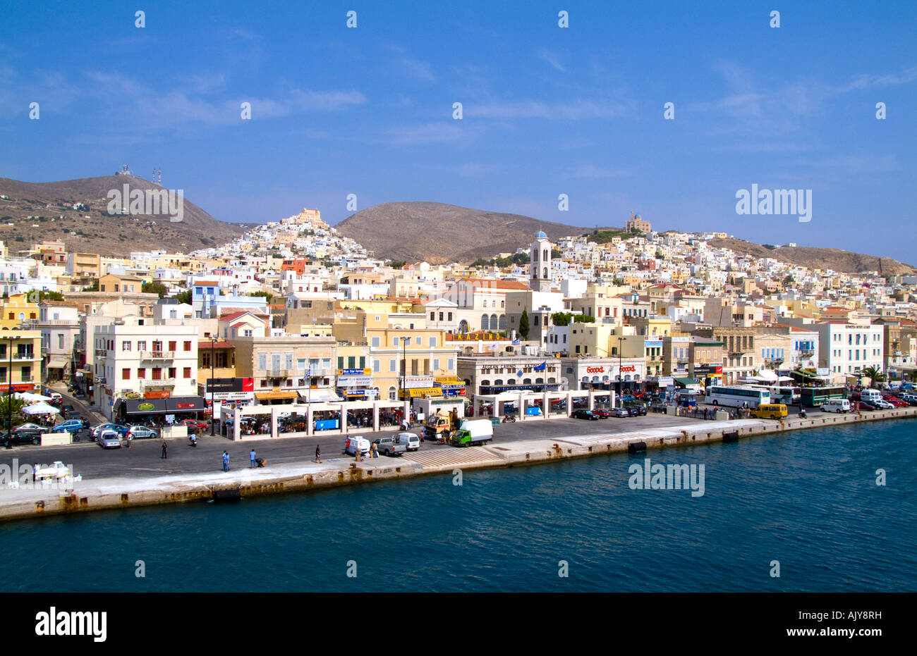 Beautiful Greek island of Siros Greece taken from ferry on water Stock ...