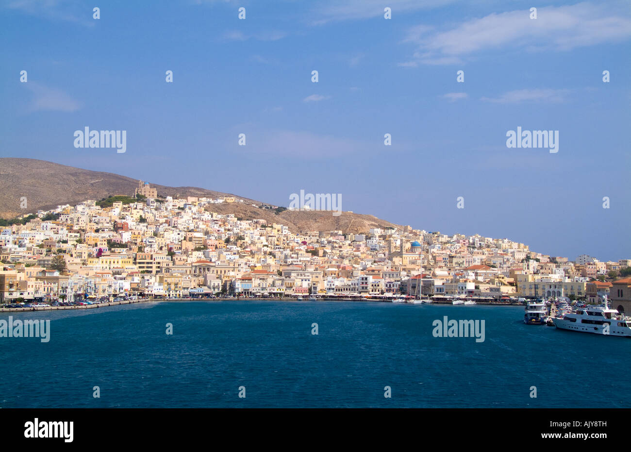 Beautiful Greek island of Siros Greece taken from ferry on water Stock ...